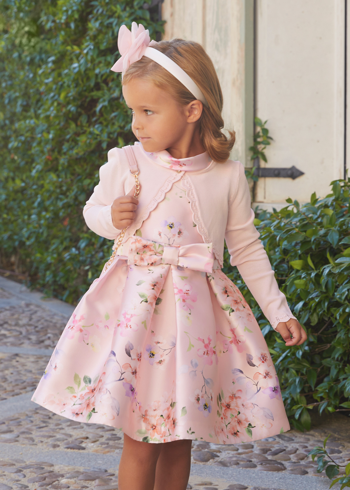 Girl printed mikado dress Pastel pink | Abel & Lula